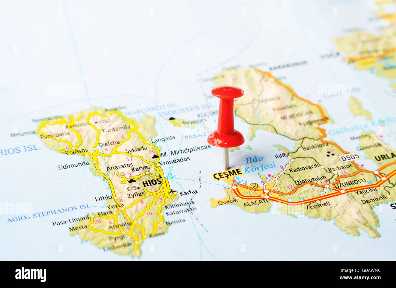 Close up of Cesme ,Turkey map with red pin - Travel concept Stock Photo ...