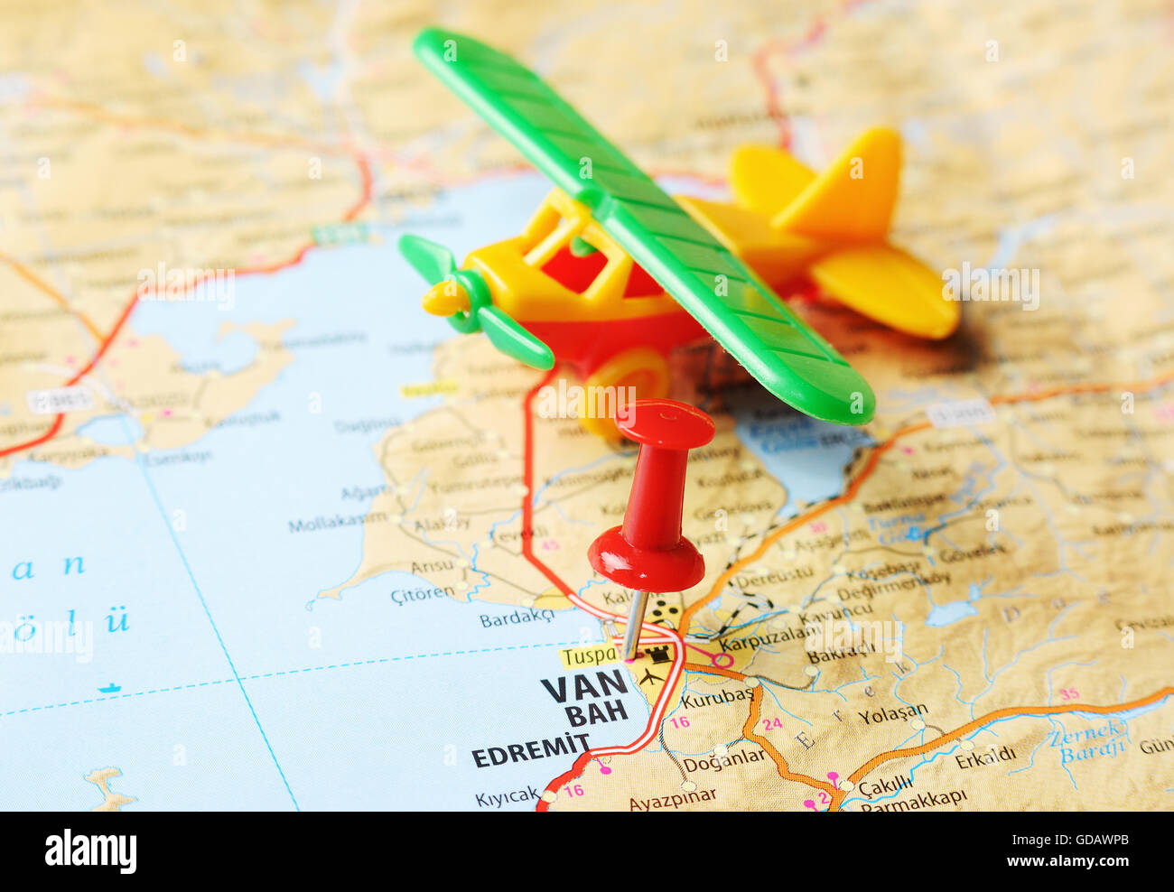 Close up of Van ,Turkey map with red pin and airplane - Travel concept ...
