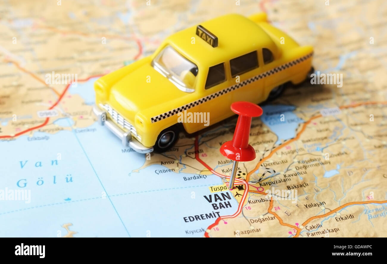 Close up of Van ,Turkey map with red pin and a taxi - Travel concept ...