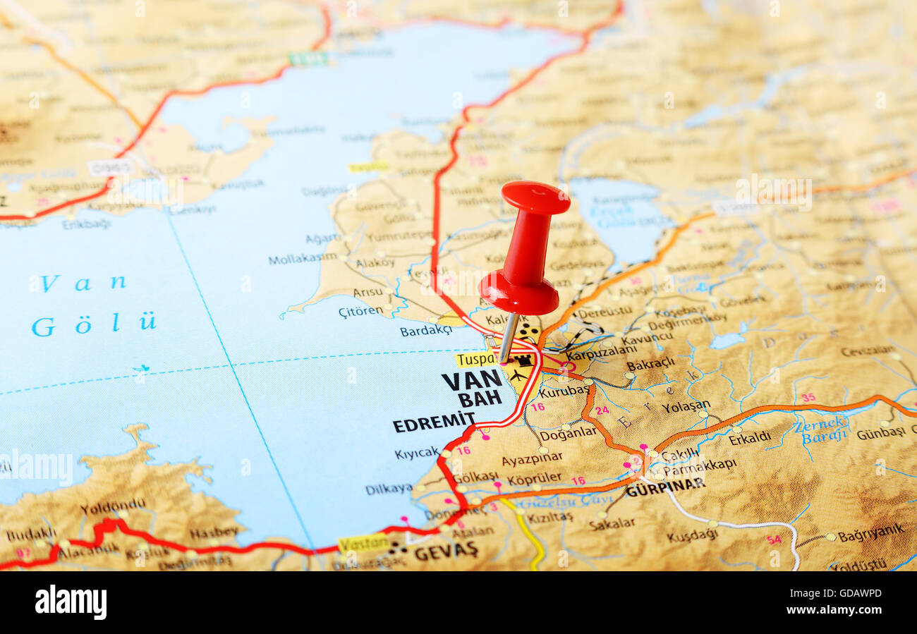 Close up of Van ,Turkey map with red pin - Travel concept Stock Photo ...