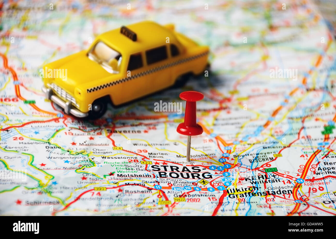 Red push pin pointing at Strasbourg , Belgium map and a taxi Stock ...
