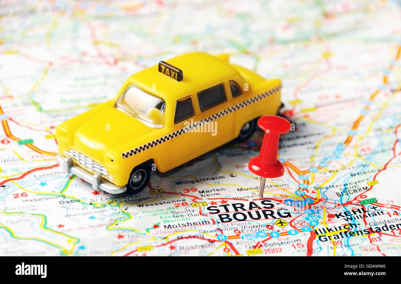 Red push pin pointing at Strasbourg , Belgium map and a taxi Stock ...
