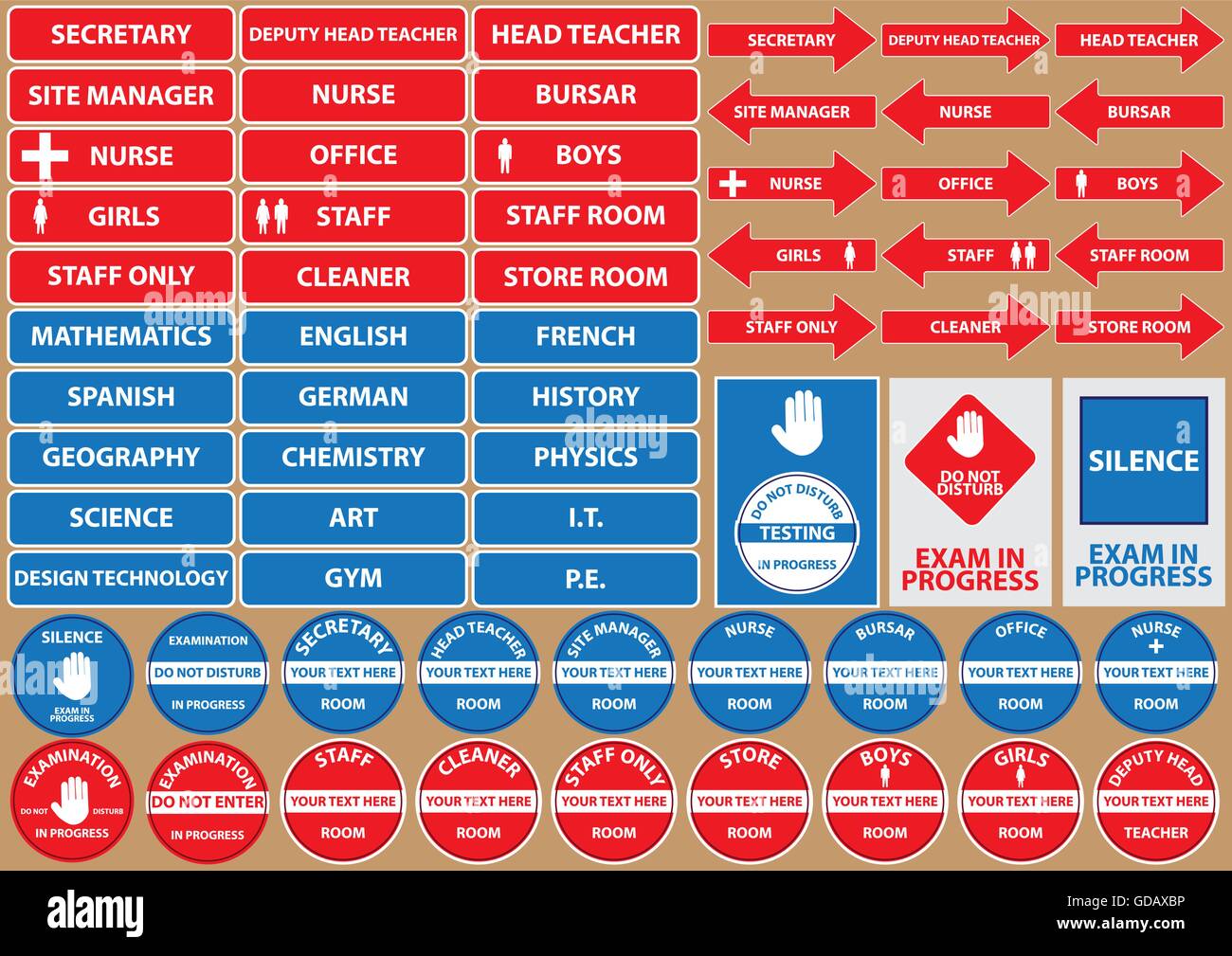 set of school environment signs/symbols (exam, staff, head teacher ...