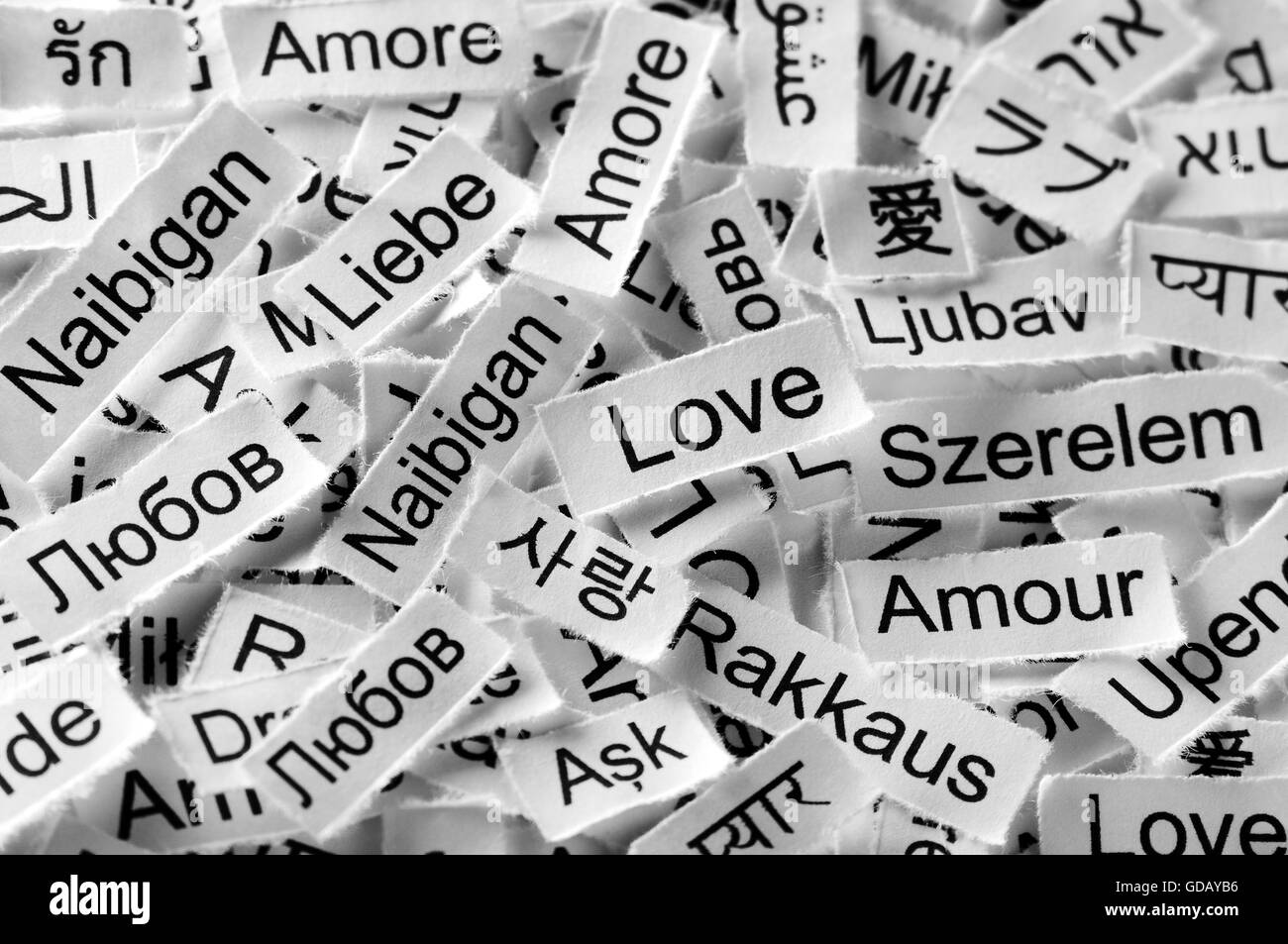 Love Word Cloud printed on paper different languages Stock Photo - Alamy