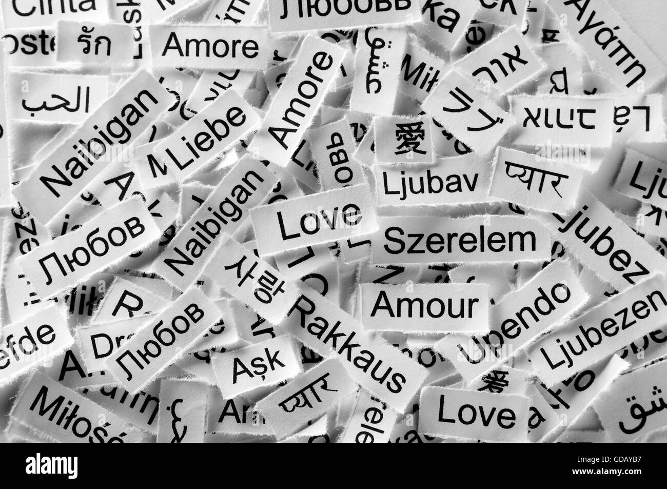 Love Word Cloud printed on paper different languages Stock Photo - Alamy