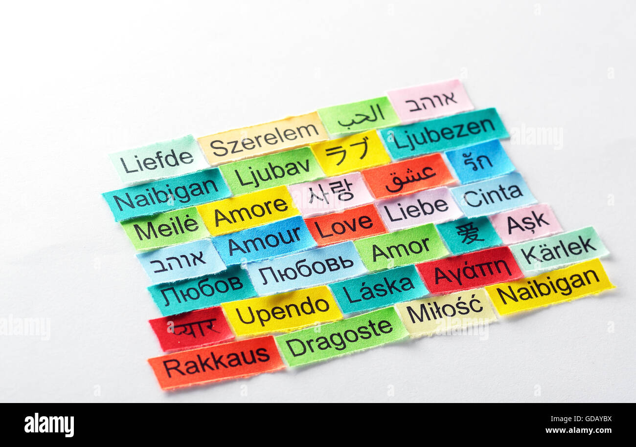 LOVE Word Cloud printed on colorful paper different languages Stock ...