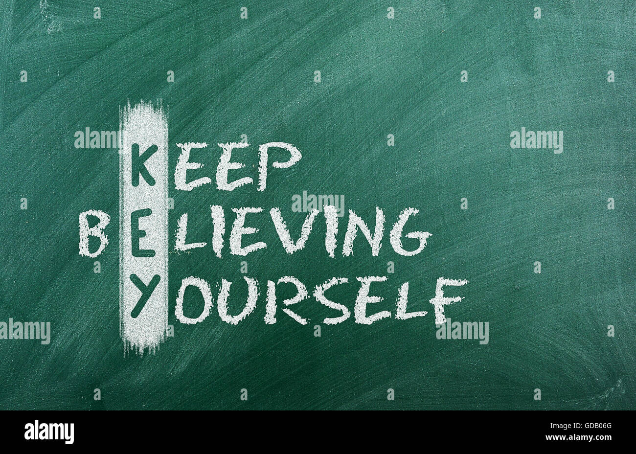 Acronym of KEY. Believe in yourself written in chalk on a blackboard ...