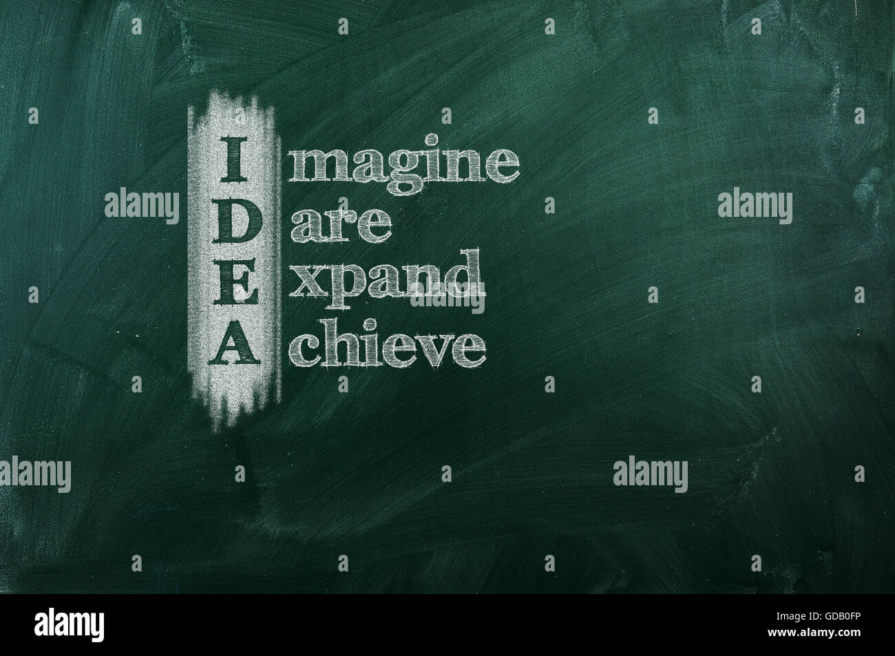 IDEA acronym -" Imagine,Dare,Expand,Achieve". Drawn with chalk on a ...