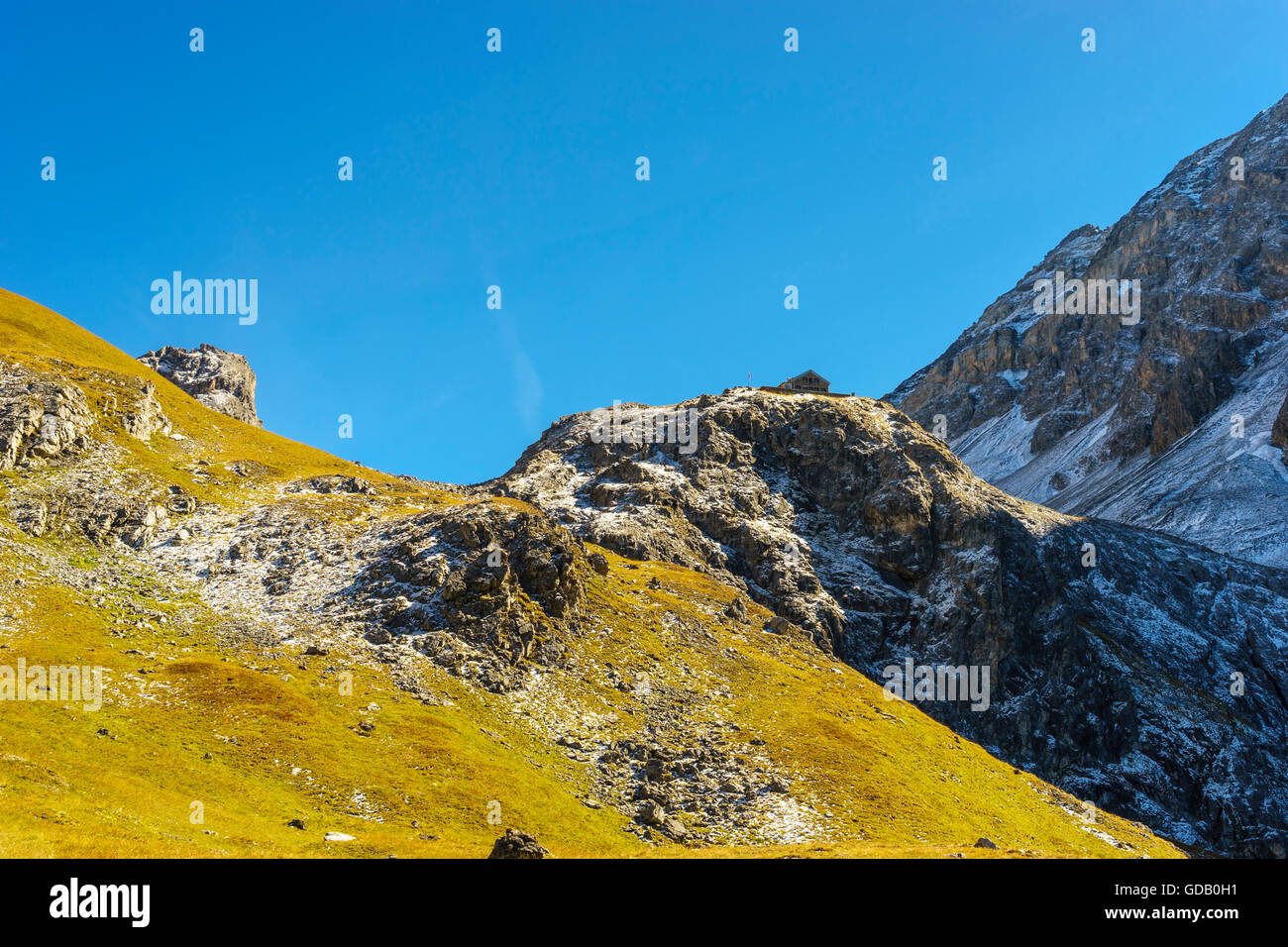 The Lischana hut SAC (Swiss Alpine Club) above Scuol in the Lower ...