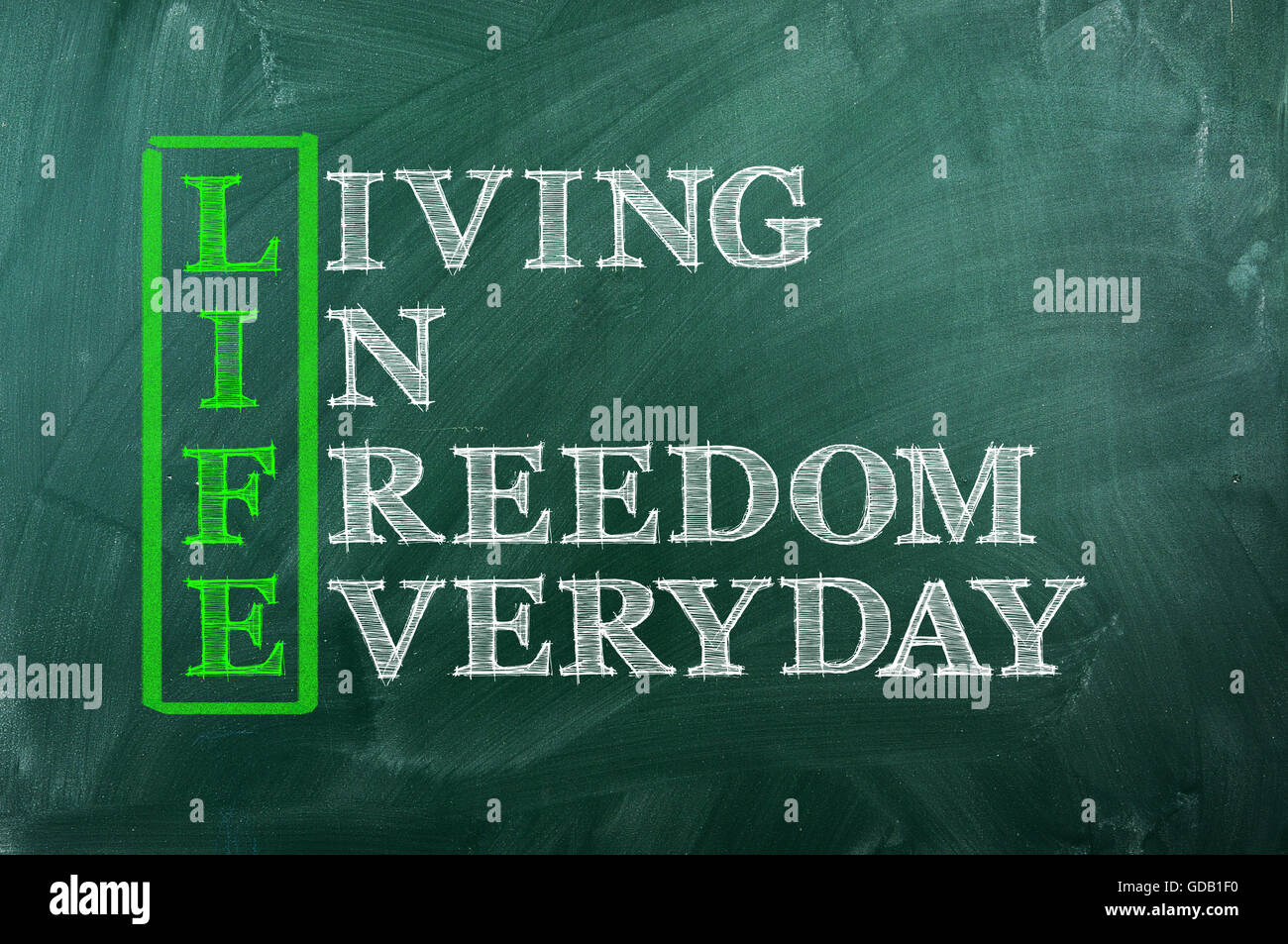 Acronym concept of Life and other releated words on green chalkboard ...