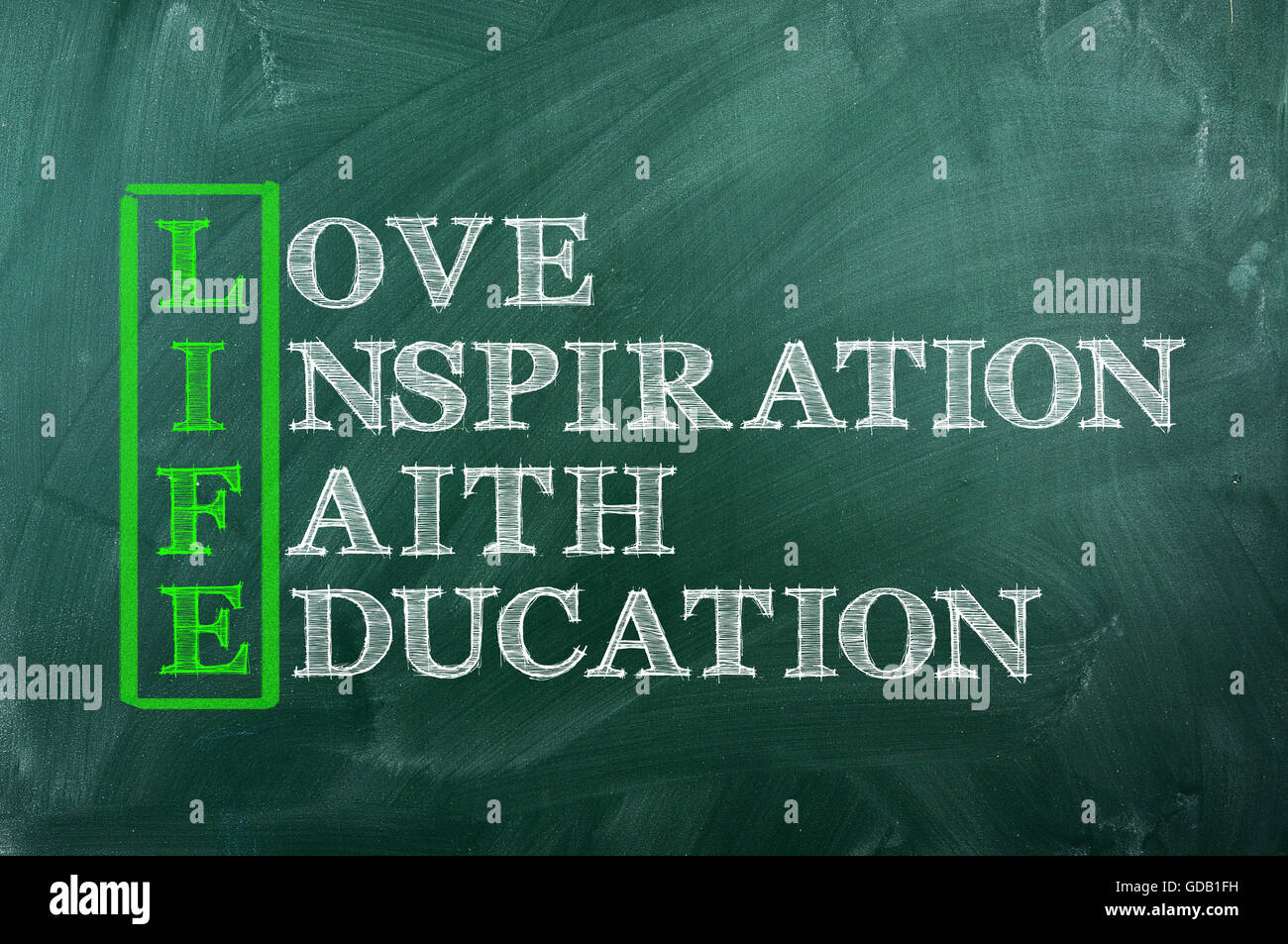 Acronym concept of Life and other releated words on green chalkboard ...