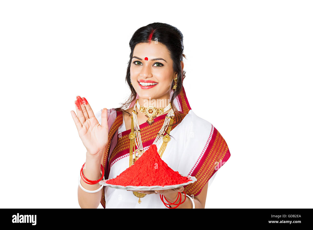 1 Indian Bengali Adult Woman Durga Puja Plate Holding Colour hand Palm ...