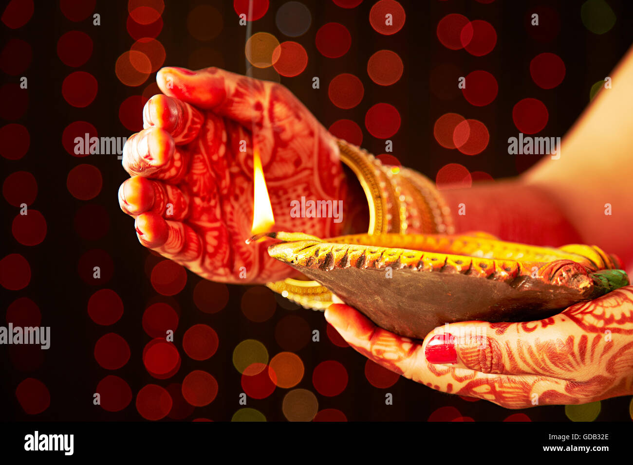 1 indian Adult Woman Bride Diwali Festival Hands-cupped Diya Protection ...
