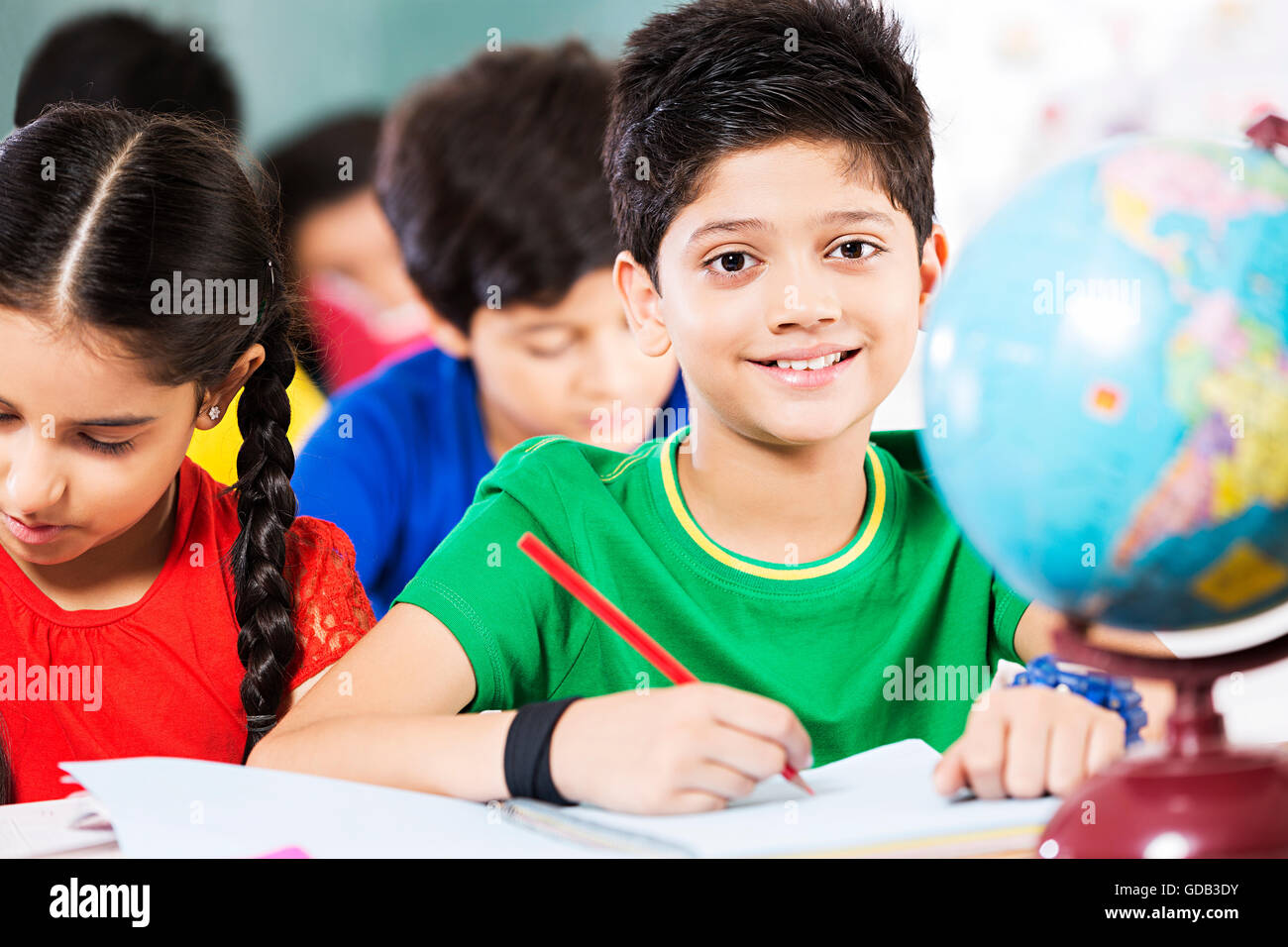 2 kids Girl and Boy Friends School Student Studying in a Classroom ...