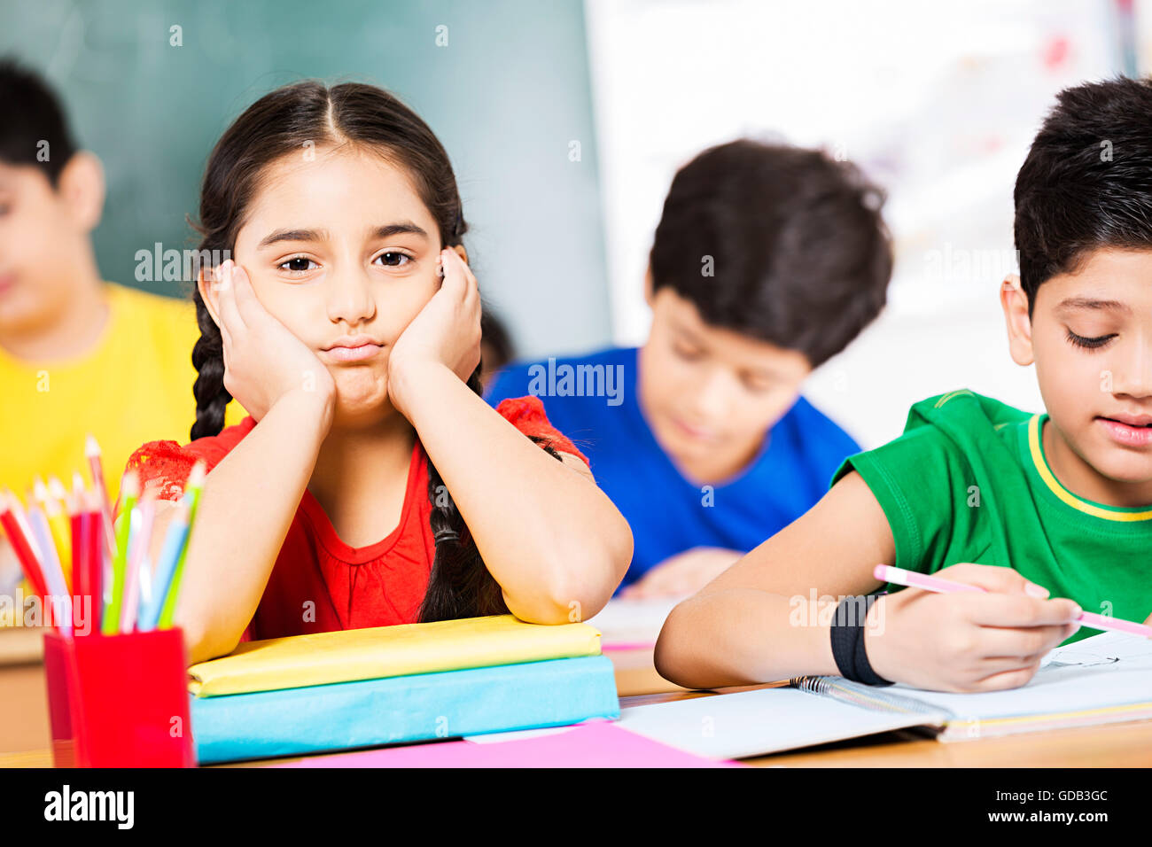 2 kids Girl and Boy School Student Anxiety Studying in a Classroom ...
