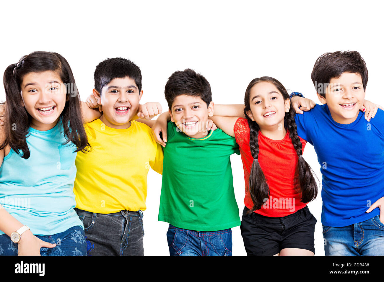 5 kids Boys and Girls friends Arm Around Standing Stock Photo - Alamy