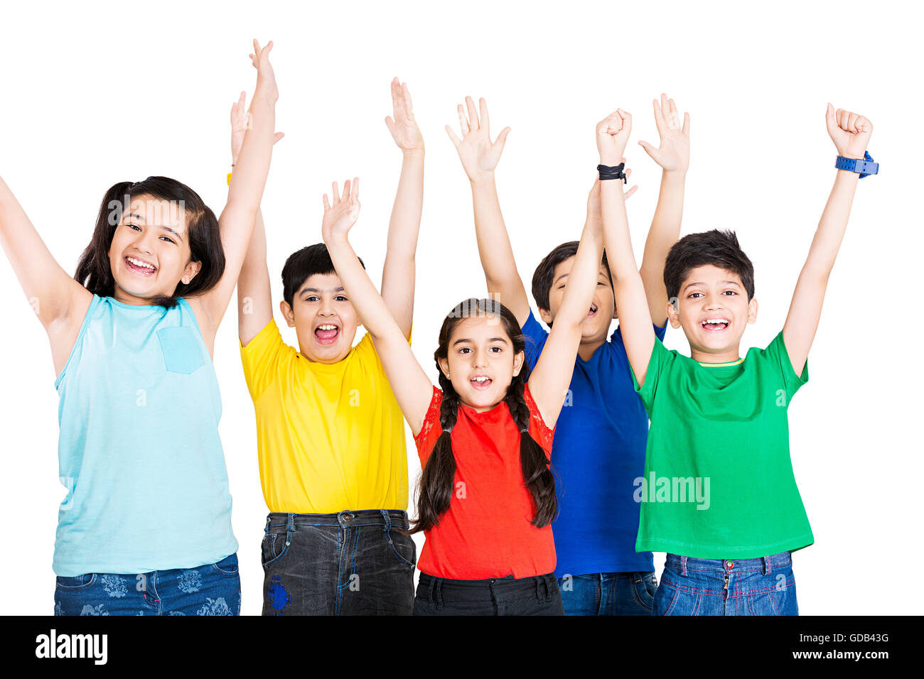 5 kids Boys and Girls friends Arms Raised Standing Cheering Stock Photo ...