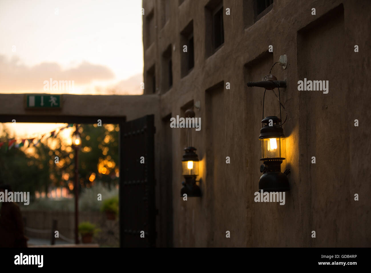 Traditional Emirati lanterns hanging at sunset at the Heritage Village ...