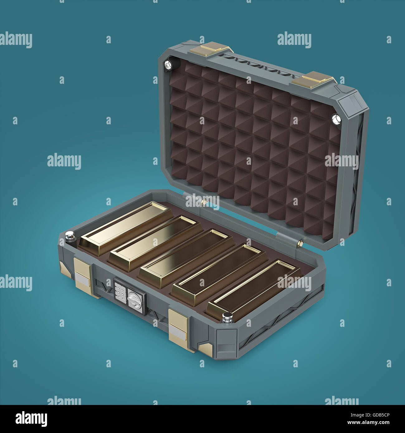 sci-fi reinforced metal sage case full of gold bars. 3D render isolated ...