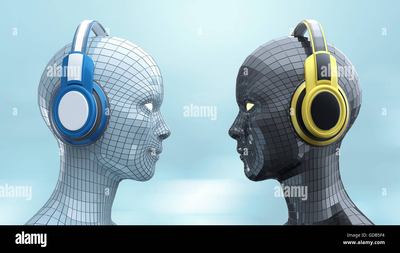 two colorful disco girl-robot heads with shining eyes in big headphones ...