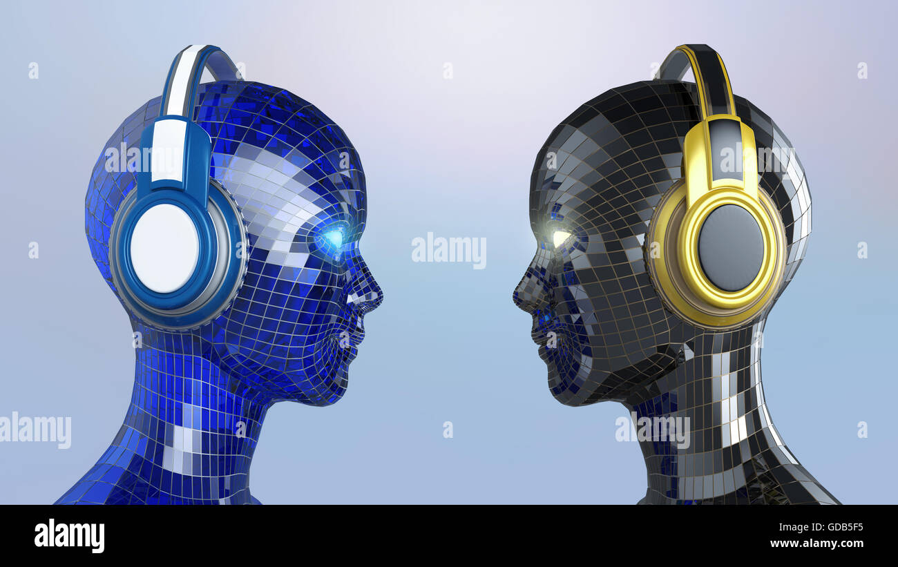 two colorful disco girl-robot heads with shining eyes in big headphones ...