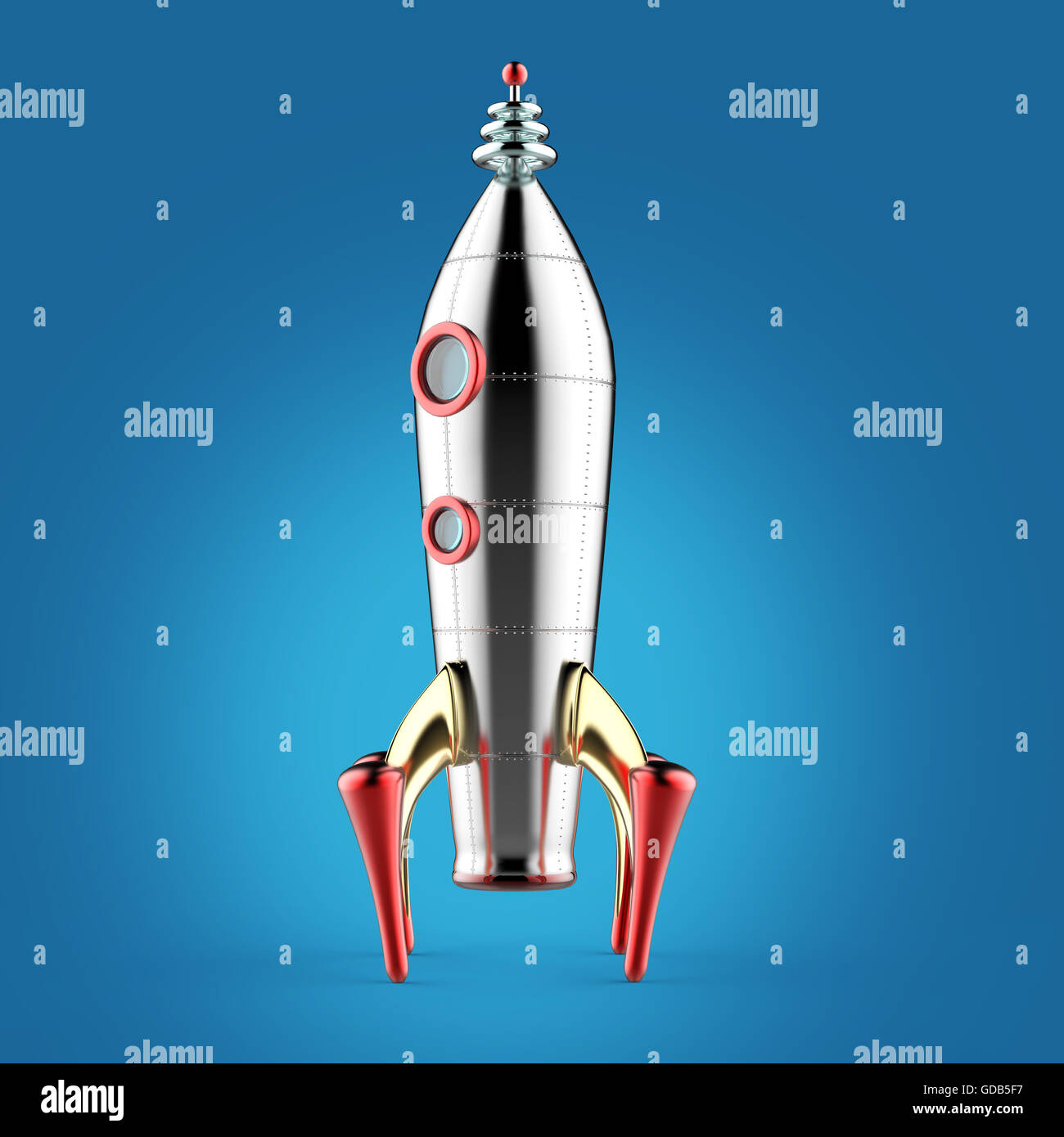 vintage colorful rocket spaceship with riveted body and two windows ...