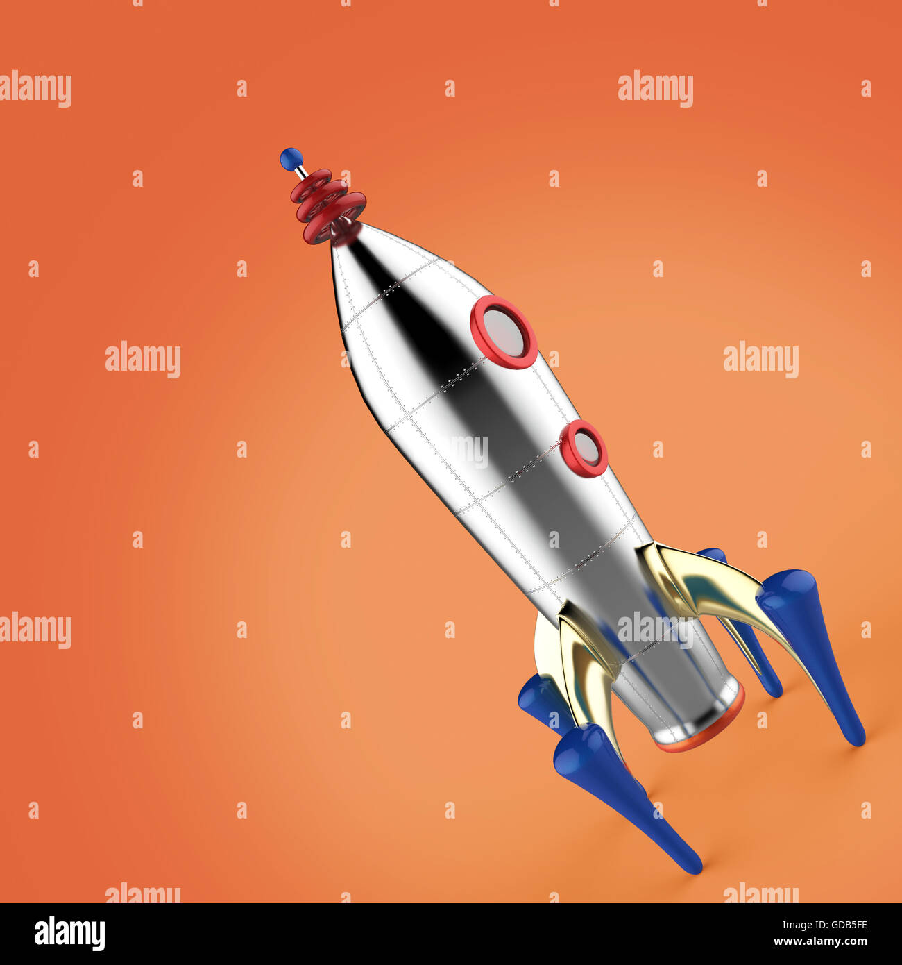 vintage colorful rocket spaceship with riveted body and two windows ...