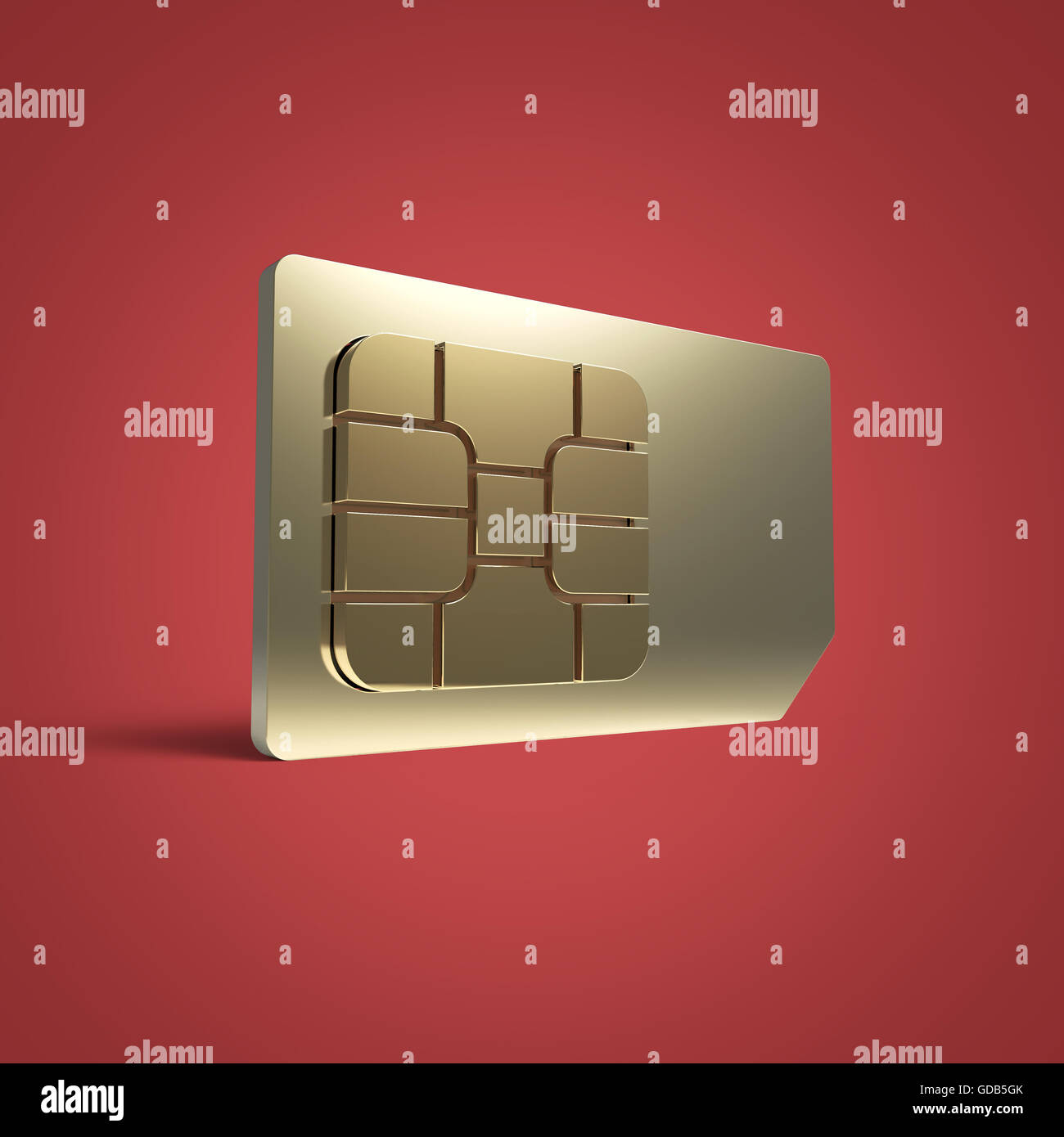 SIM card concept: golden microchip isolated on color background render ...