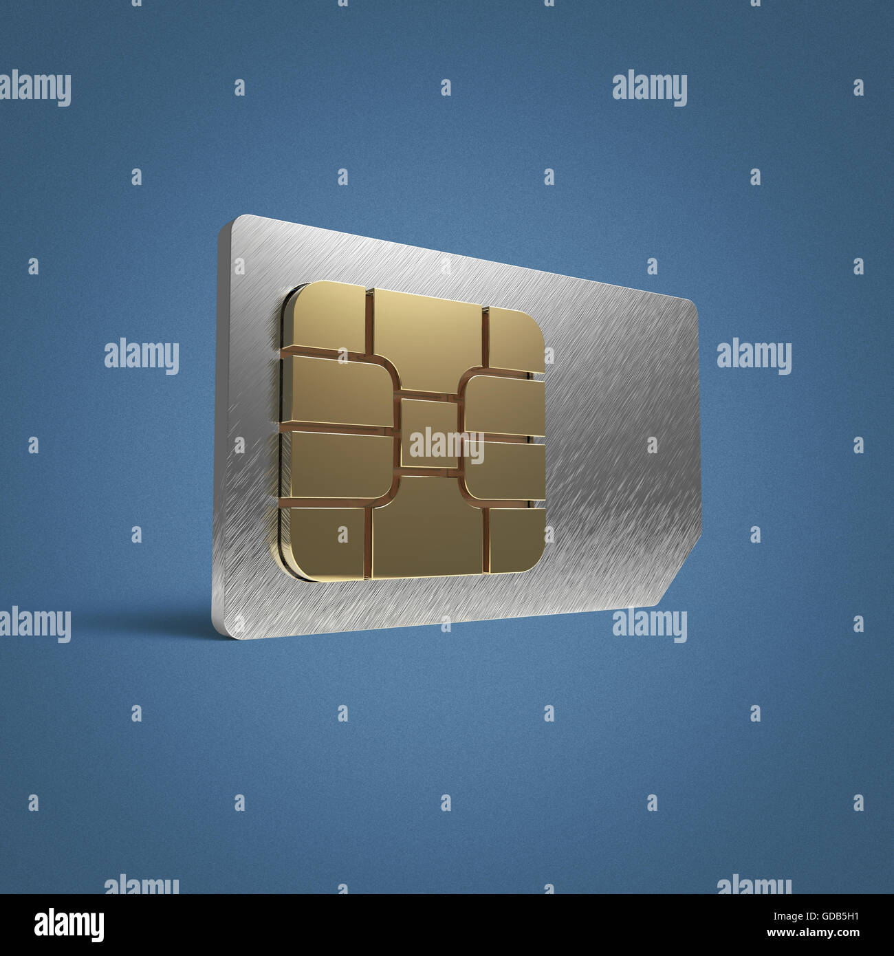 SIM card concept: golden microchip isolated on color background render ...