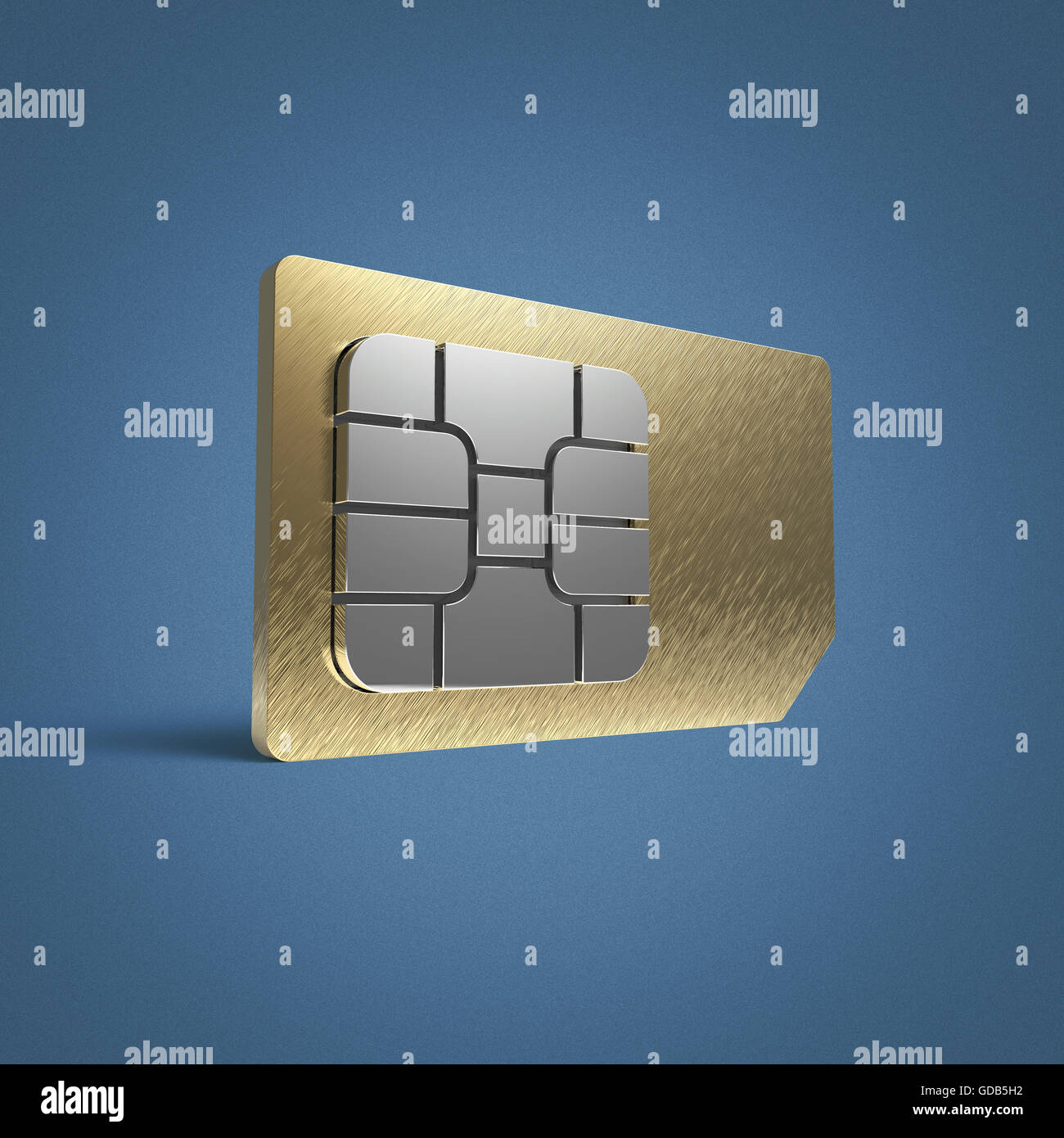 SIM card concept: golden microchip isolated on color background render ...