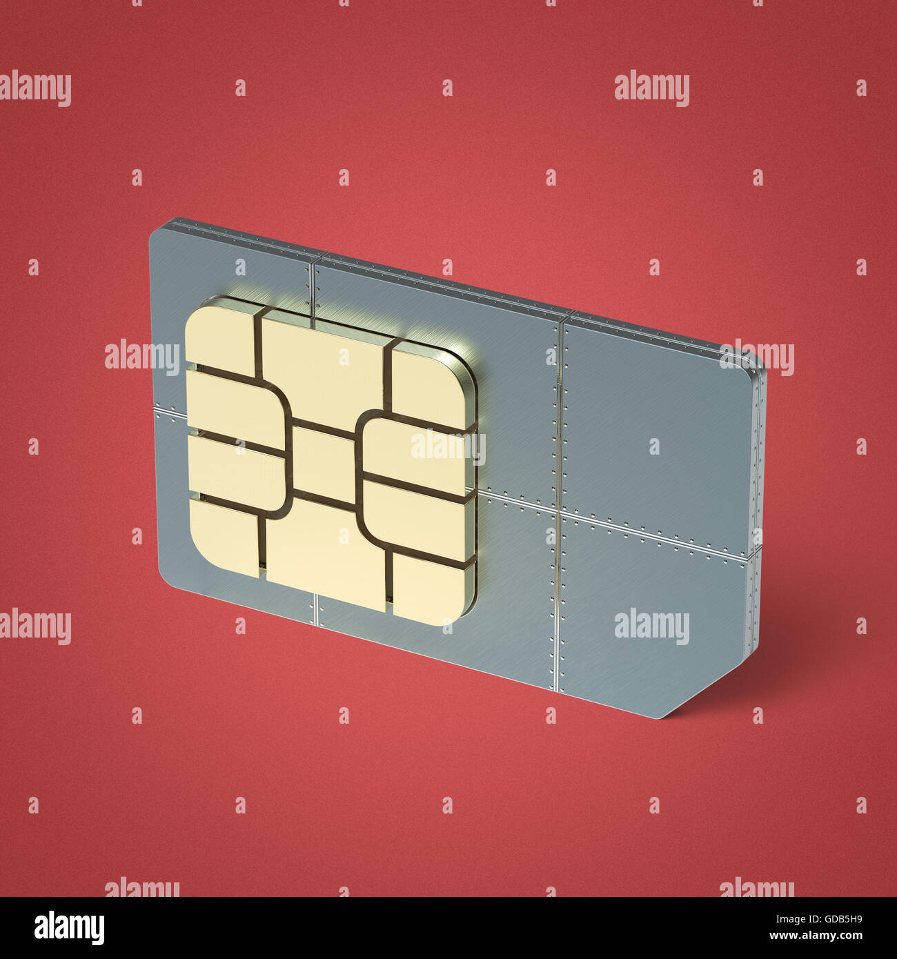 SIM card concept: golden microchip isolated on color background render ...