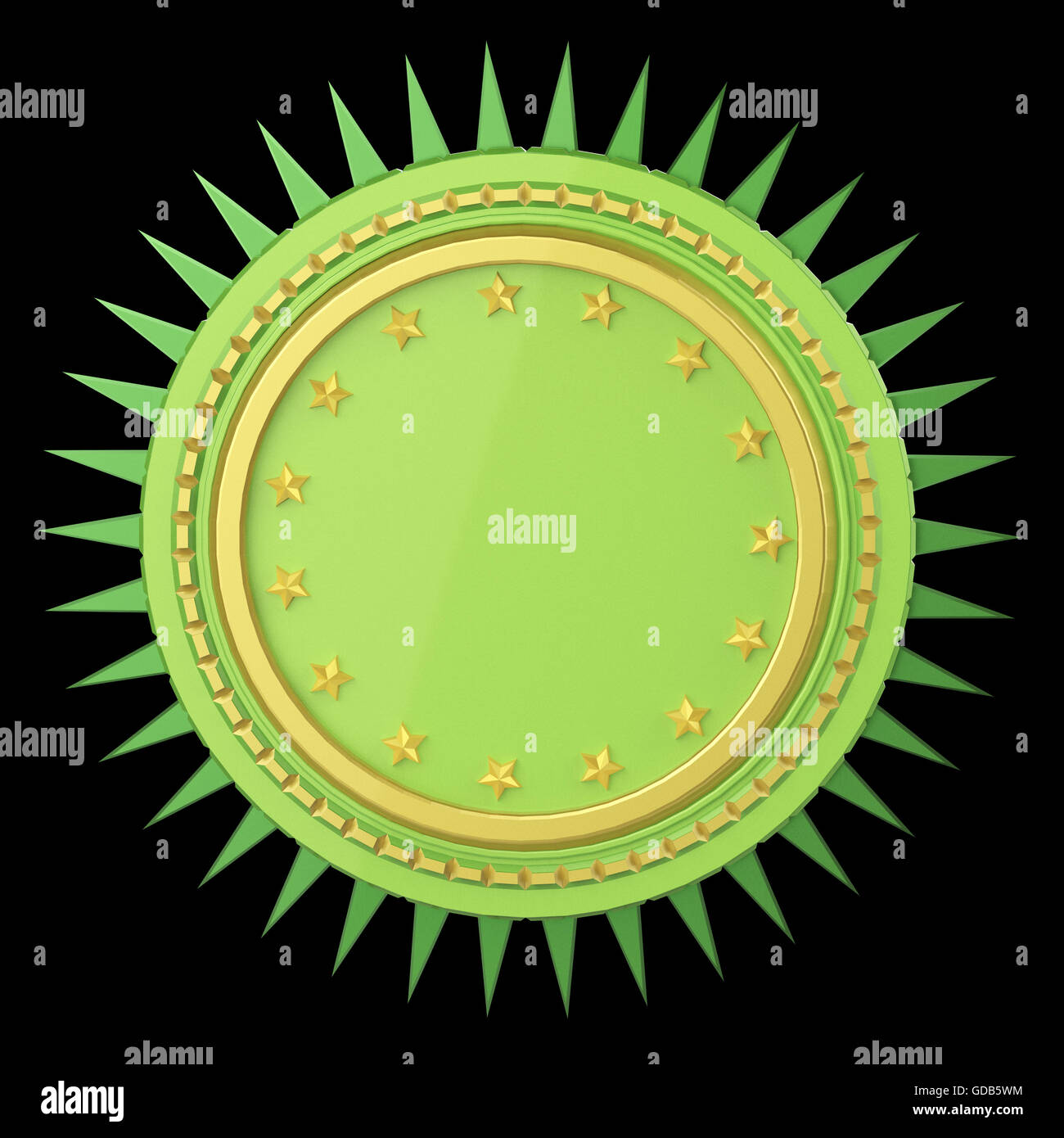 realistic blank round shield with stars and spikes around, isolated ...