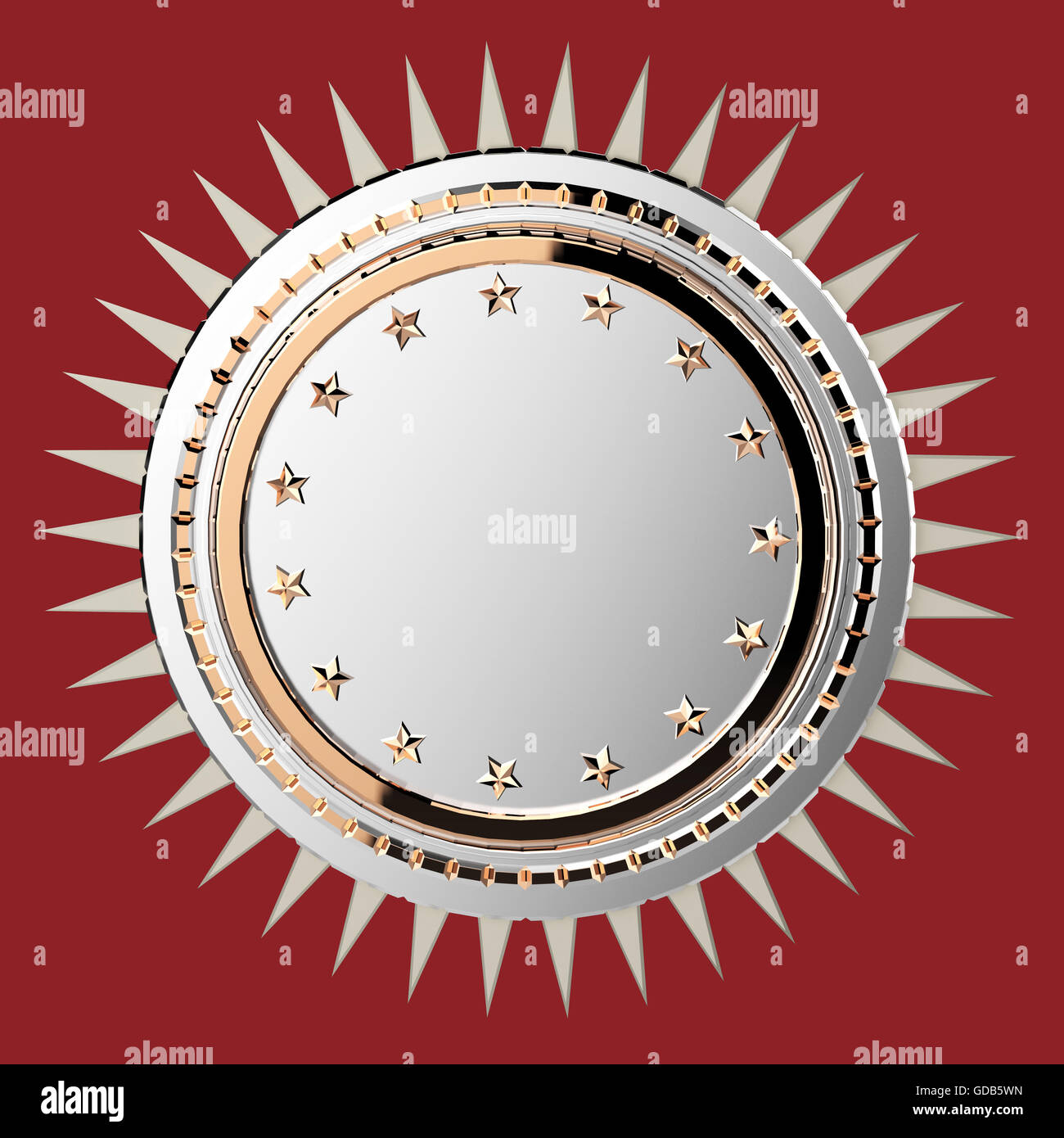 realistic blank round shield with stars and spikes around, isolated ...