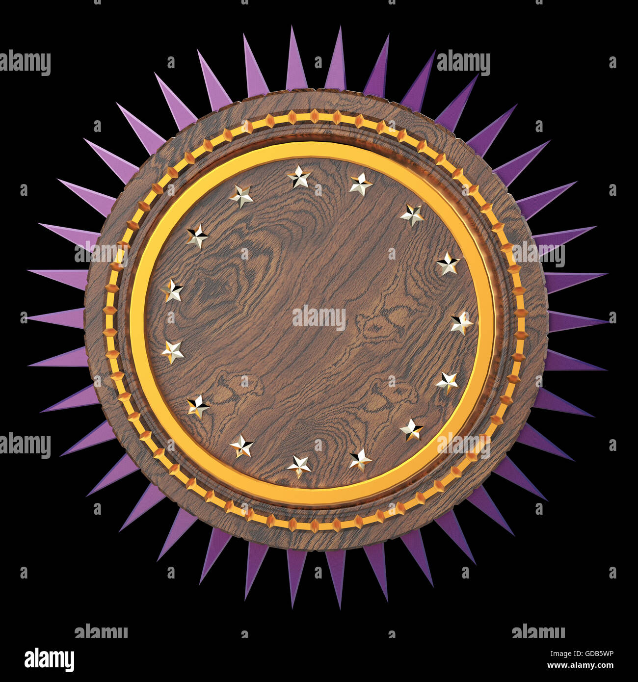 realistic blank round shield with stars and spikes around, isolated ...