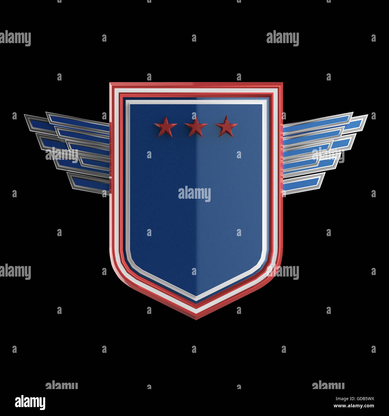 Realistic blank shield with three stars and stylized wings, hight ...