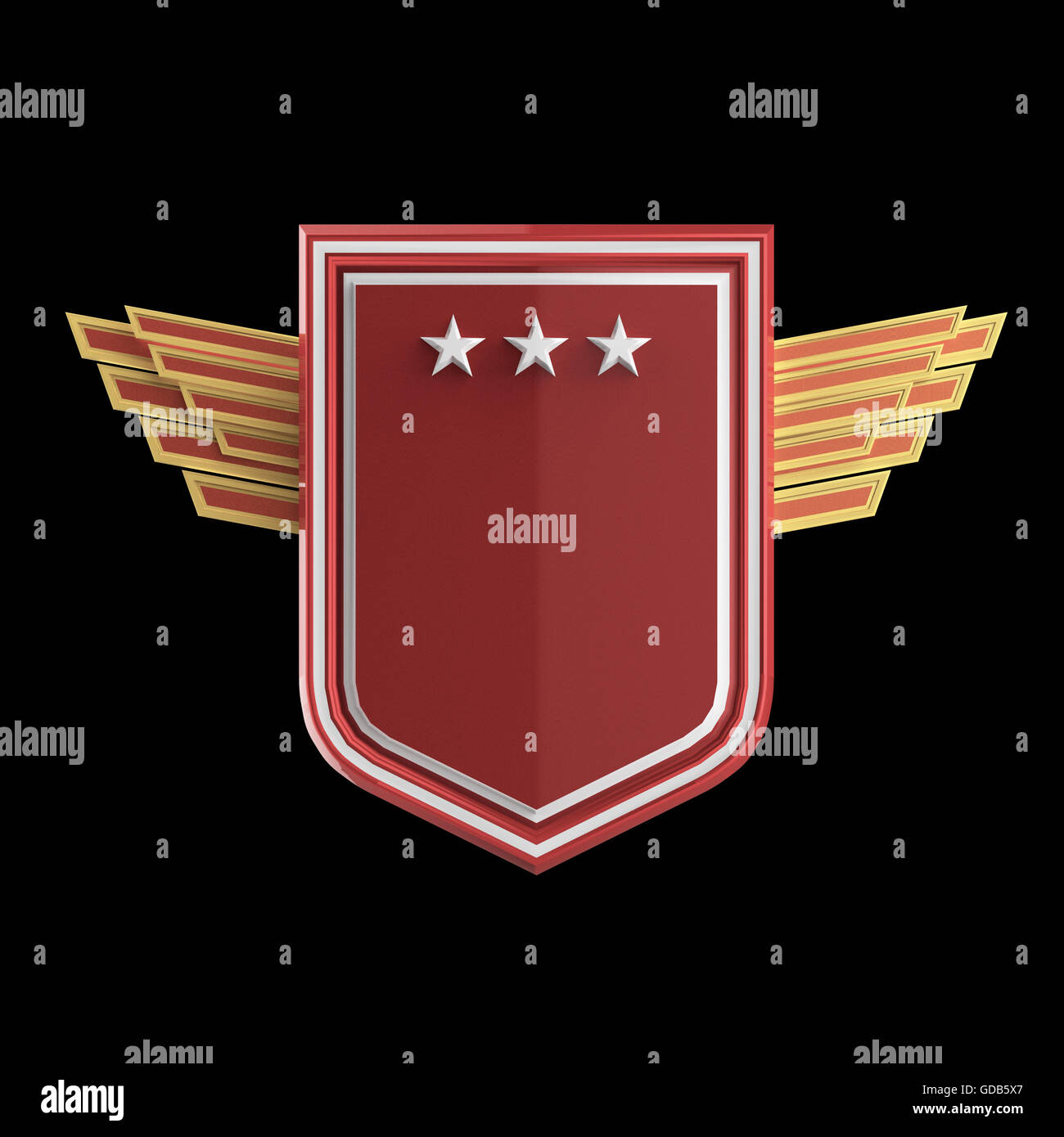 Realistic blank shield with three stars and stylized wings, hight ...