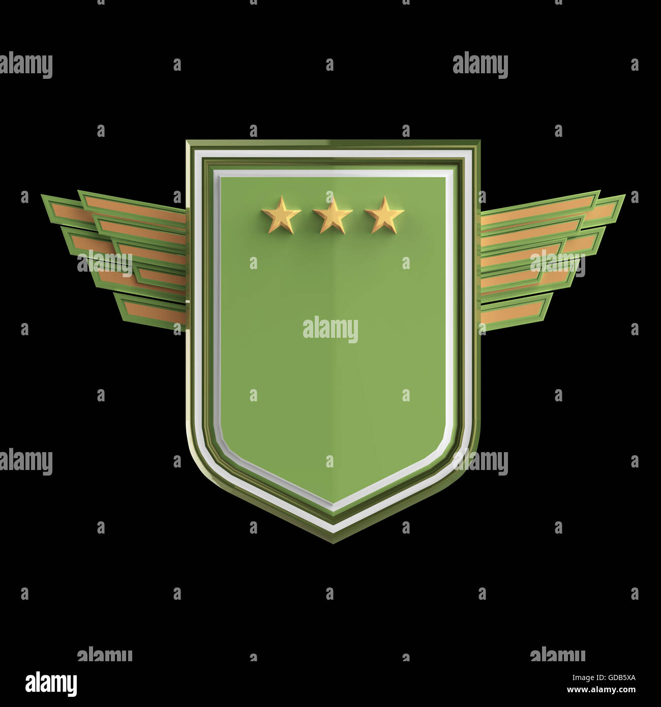 Realistic blank shield with three stars and stylized wings, hight ...