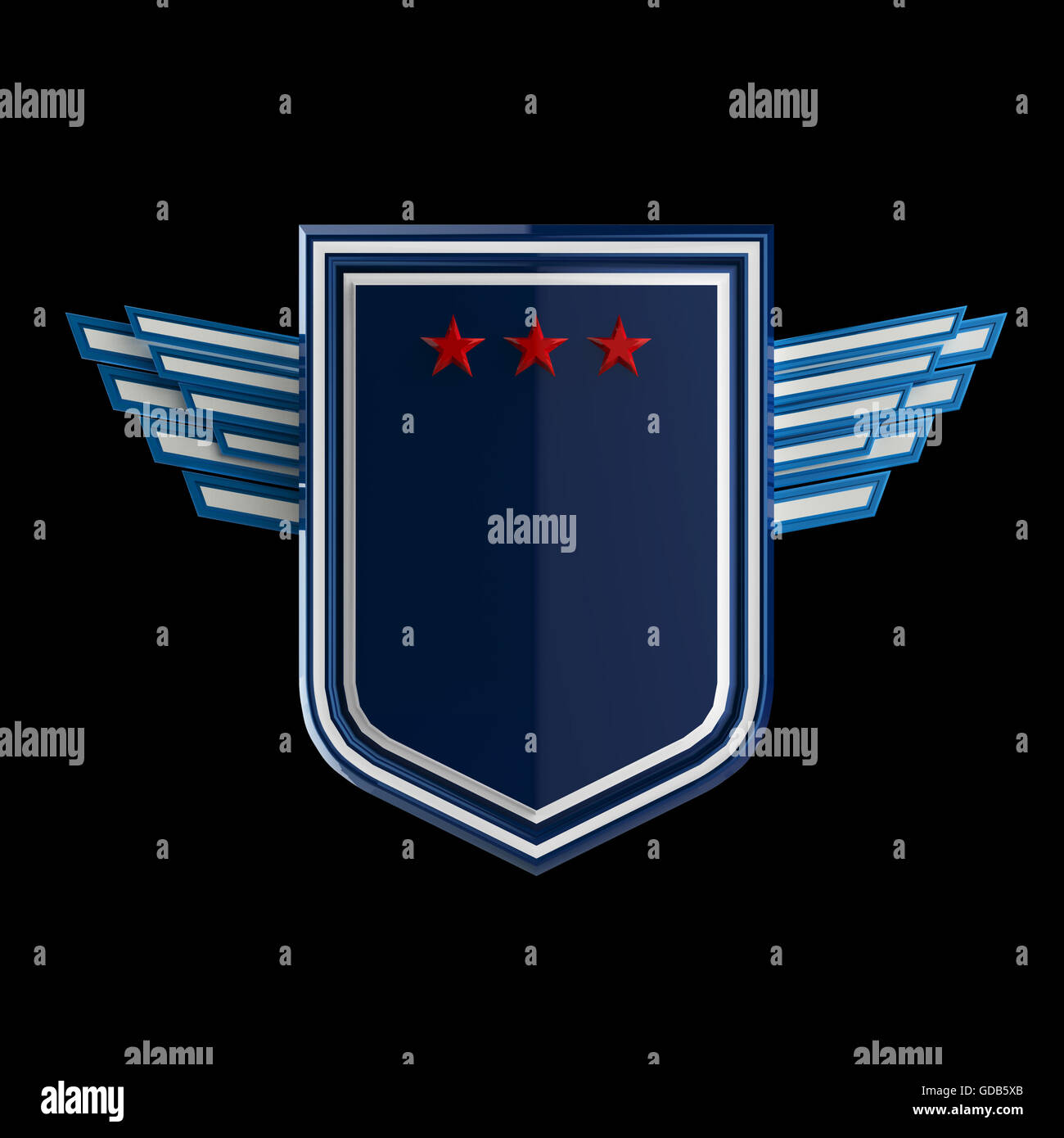 Realistic blank shield with three stars and stylized wings, hight ...