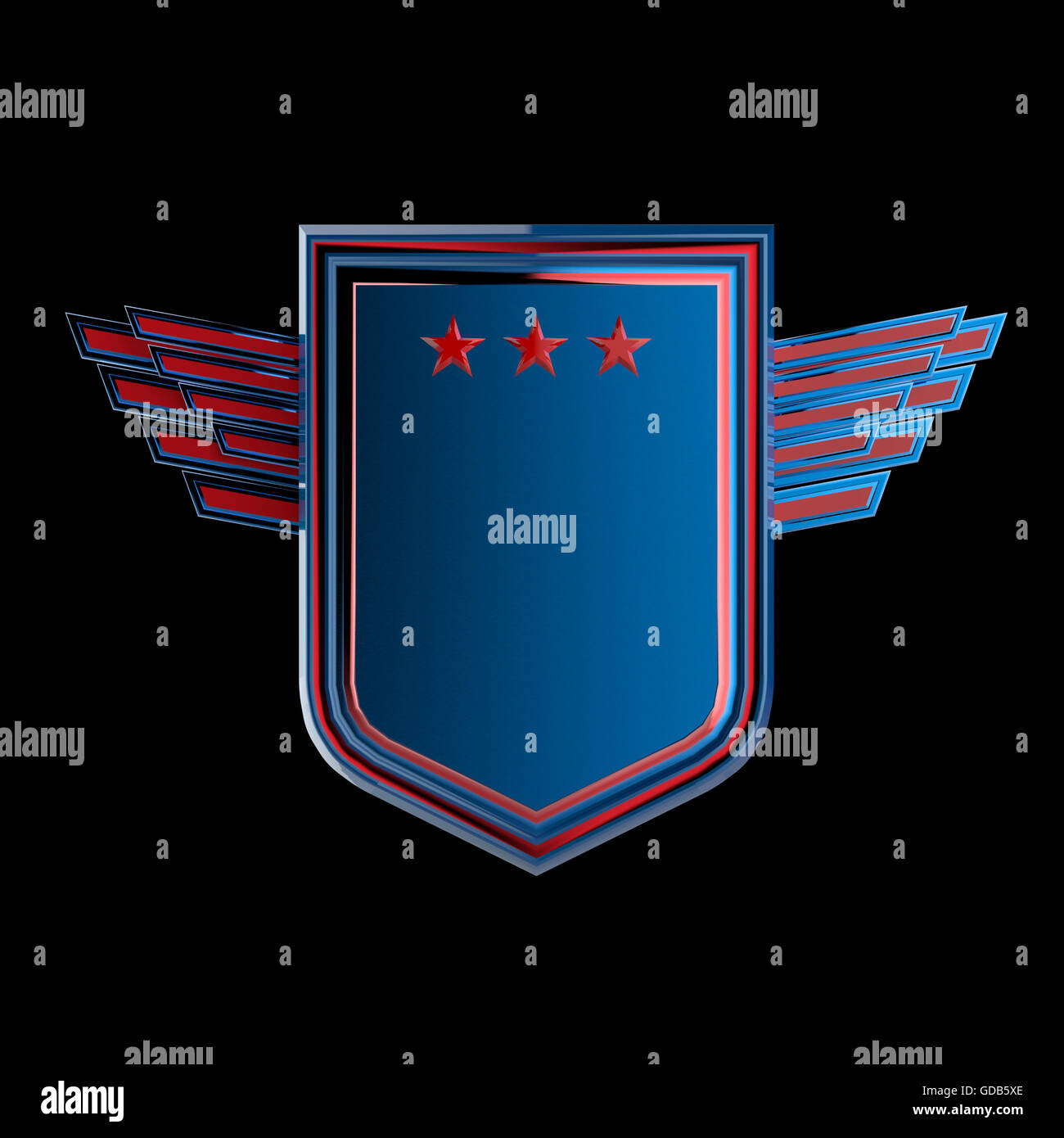 Realistic blank shield with three stars and stylized wings, hight ...