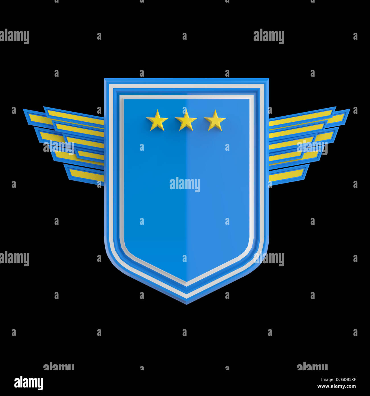 Realistic blank shield with three stars and stylized wings, hight ...
