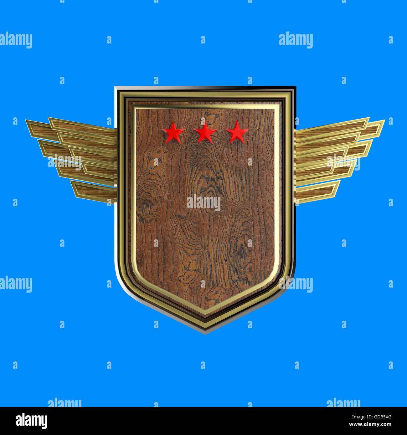 Realistic blank shield with three stars and stylized wings, hight ...