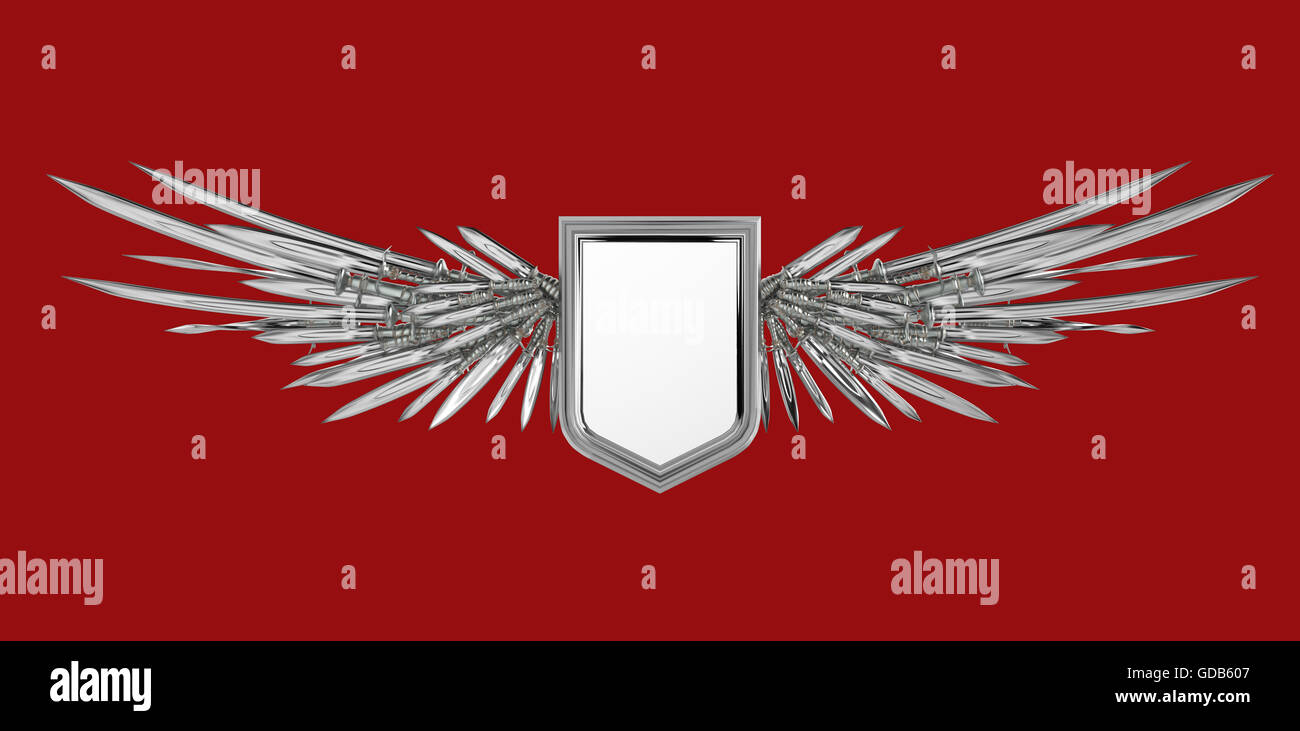 Realistic blank shield with stylized wings made of swords, blades and ...
