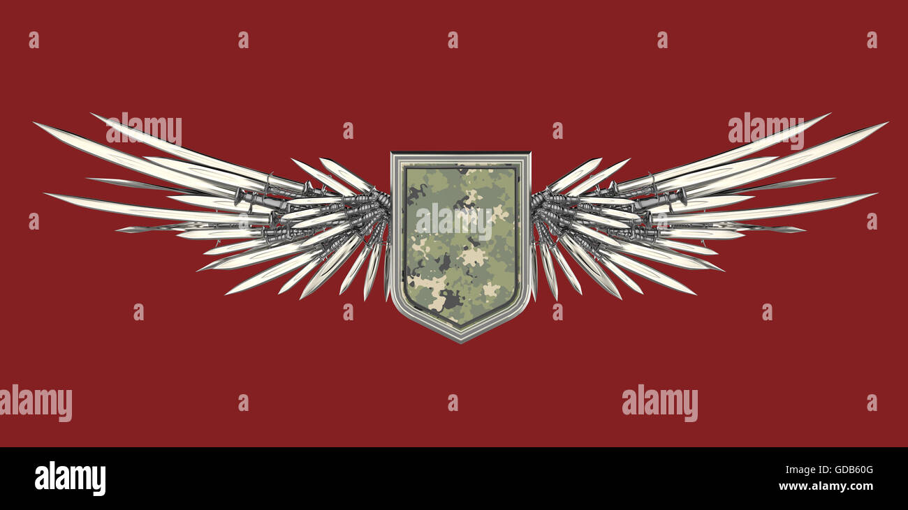 Realistic blank shield with stylized wings made of swords, blades and ...