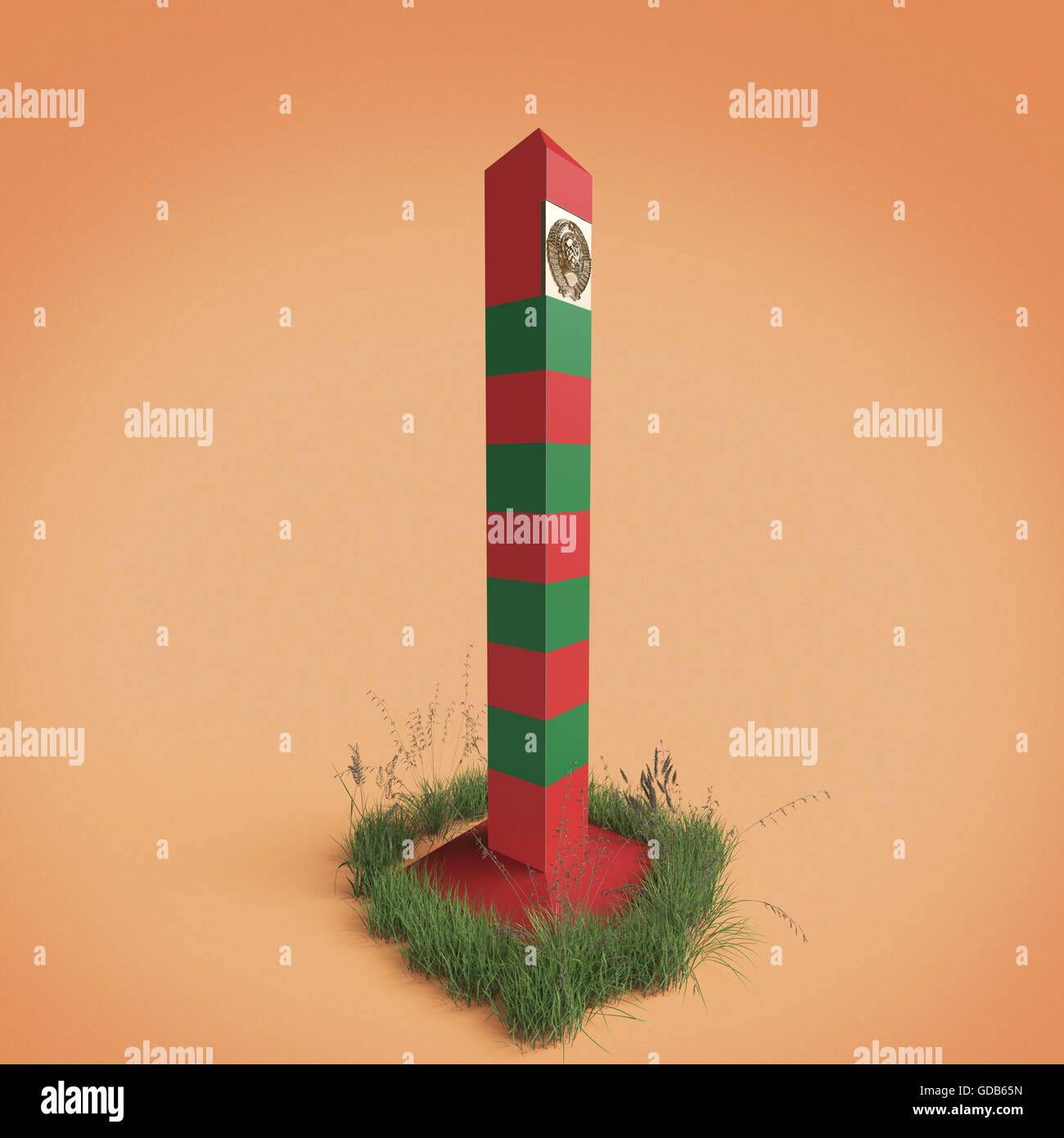 soviet border monument, frontier post sign with patch of grass isolated ...