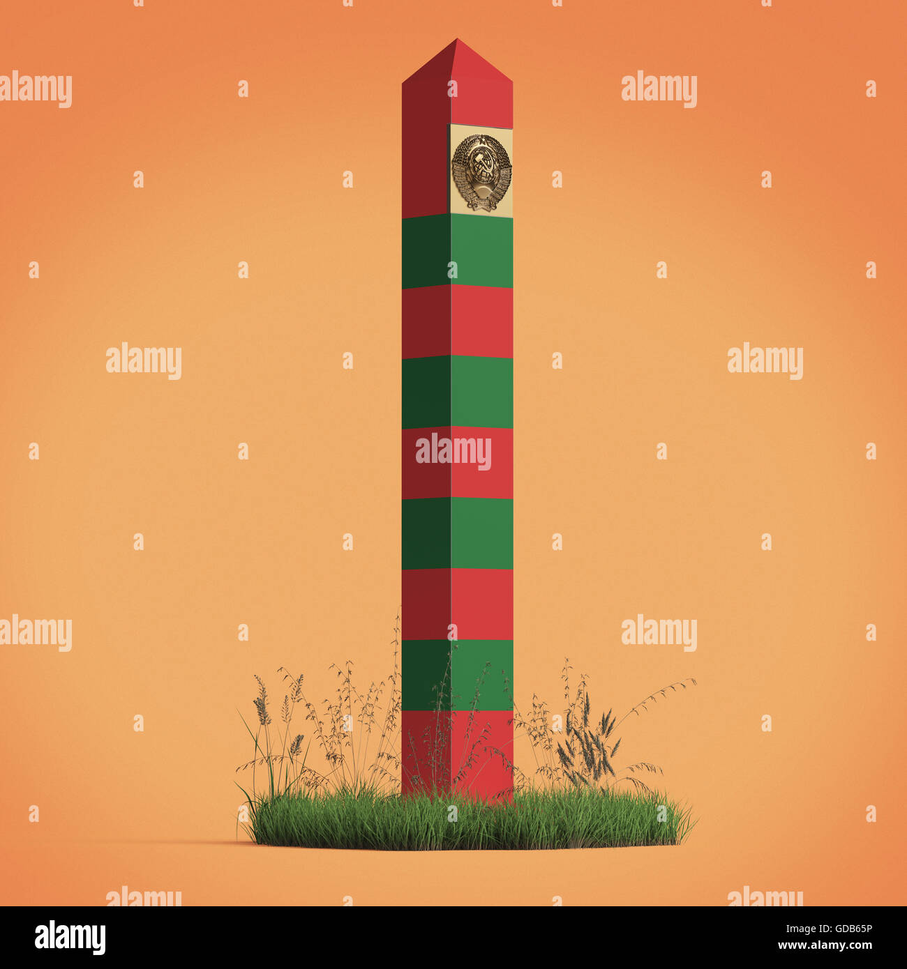 soviet border monument, frontier post sign with patch of grass isolated ...