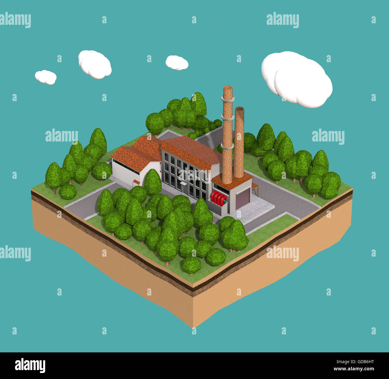 little factory with chimneys surrounded by trees on small island fluffy ...