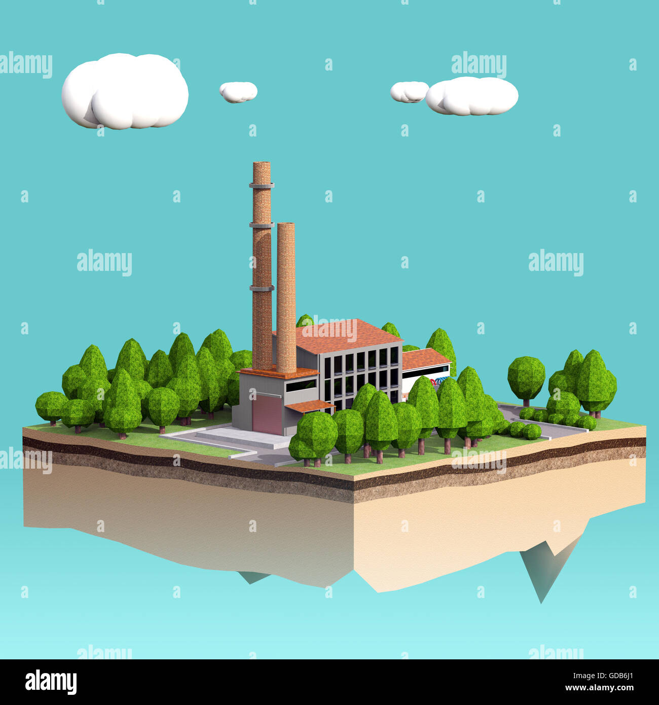 little factory with chimneys surrounded by trees on small island fluffy ...