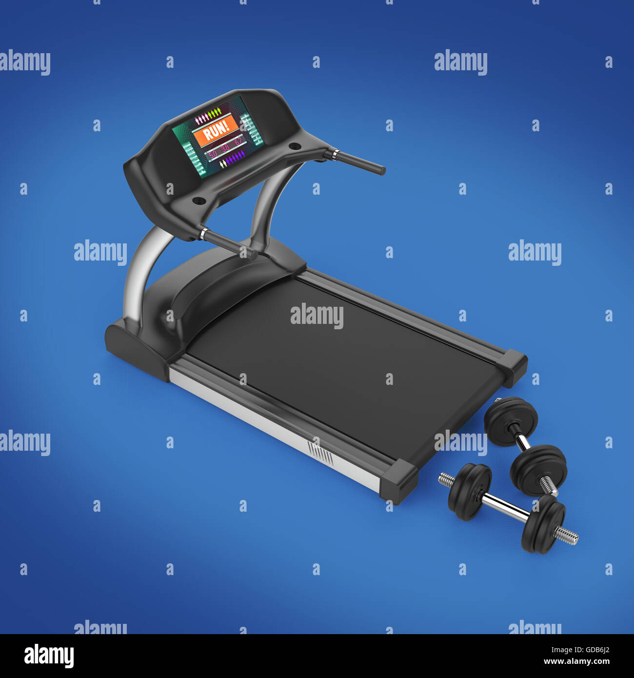 Treadmill and fitness exercise equipment dumbbell weights on . render ...