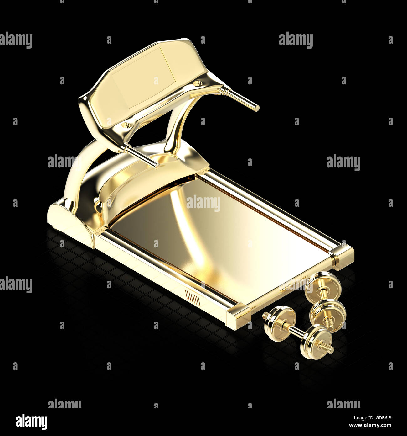 golden treadmill and fitness exercise equipment dumbbell weights on ...
