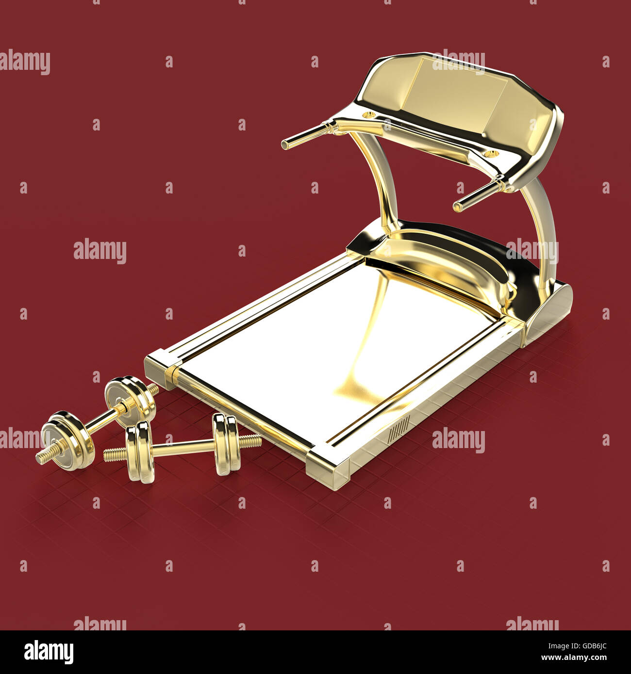golden treadmill and fitness exercise equipment dumbbell weights on ...